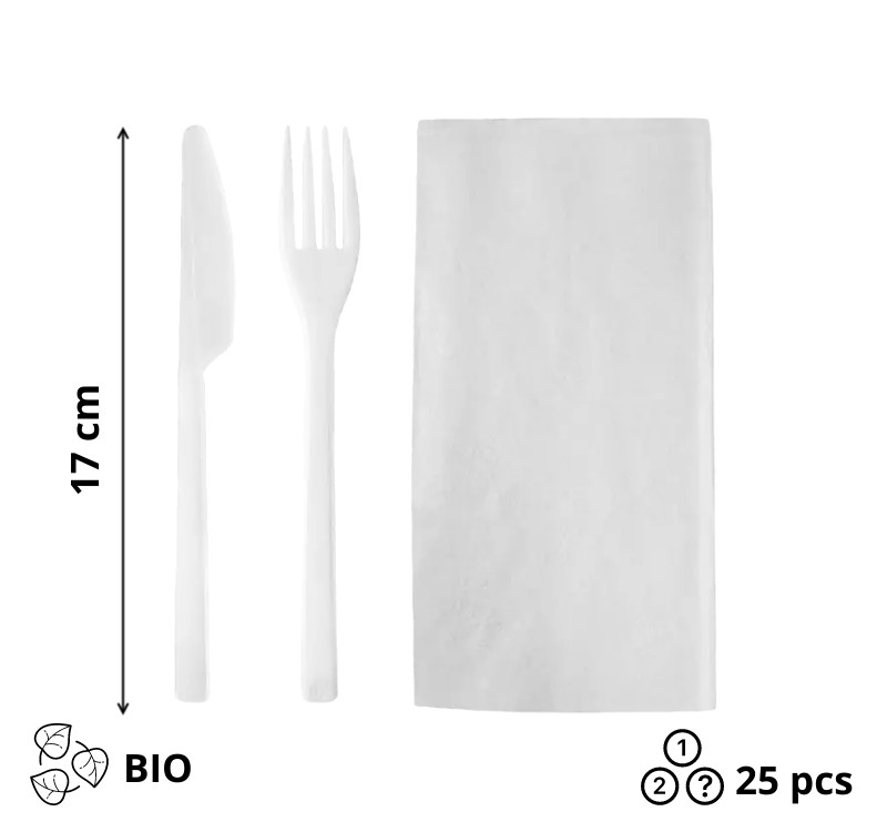 🔝 Komplet 3 bijeli Bio vilica, nož, salveta 25 kom - TM-Horeca.hr